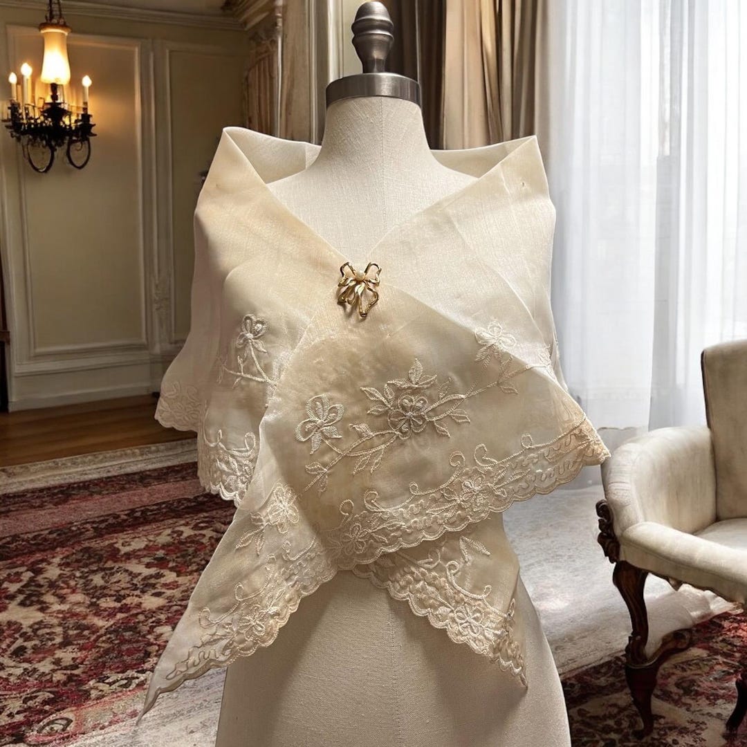 Embroidered Filipiniana Alampay Beige Floral Shawl Maria Clara Pañuelo ...