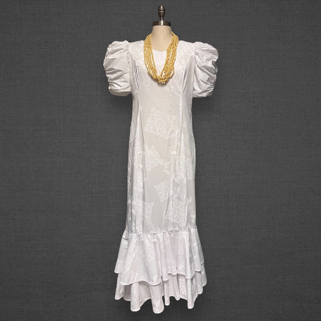 Vintage Hawaiian Wedding Dress Hula Muumuu Tropical Quilt Print White ...