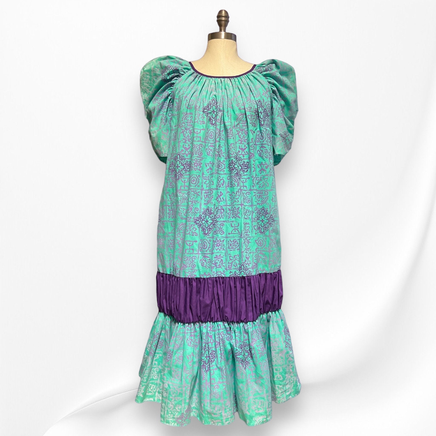 Hawaiian Muumuu Midi Dress Teal Purple Petroglyph Vintage Size - Etsy