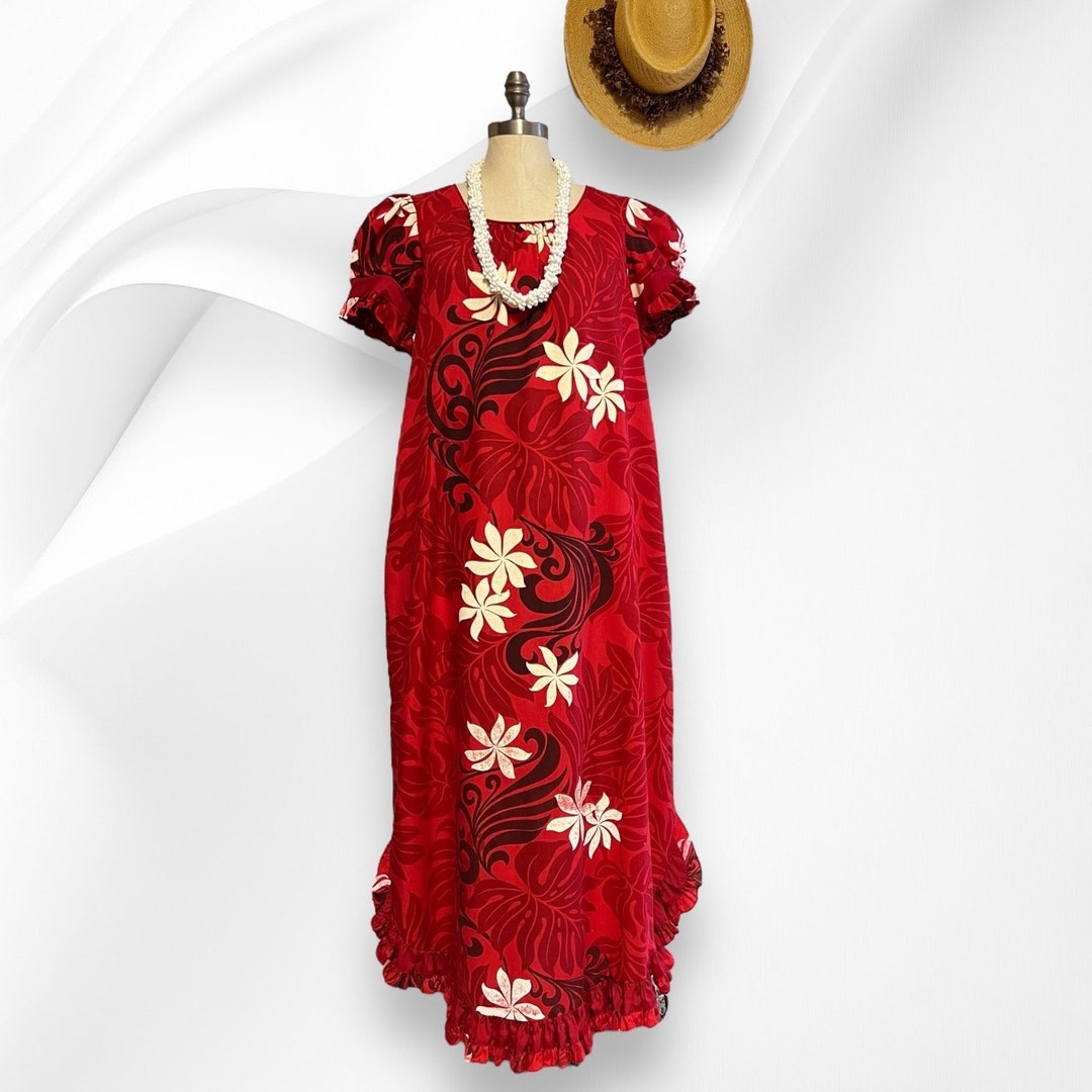 Hawaiian Muumuu Dress Hawaii Tropical Tiare Monstera Red White Size ...
