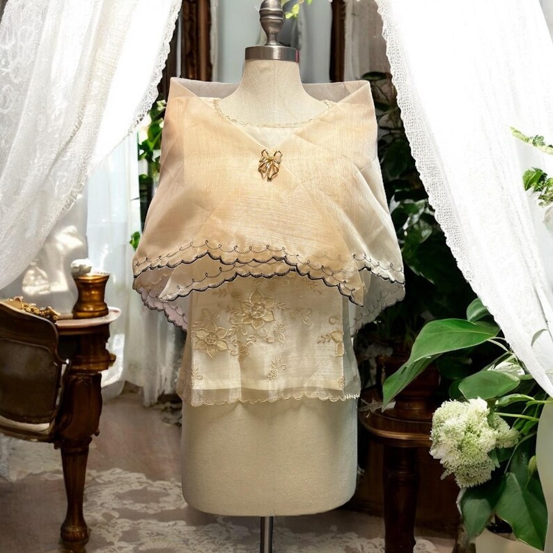 Embroidered Filipiniana Alampay Beige Black Embroidered Florals Shawl ...