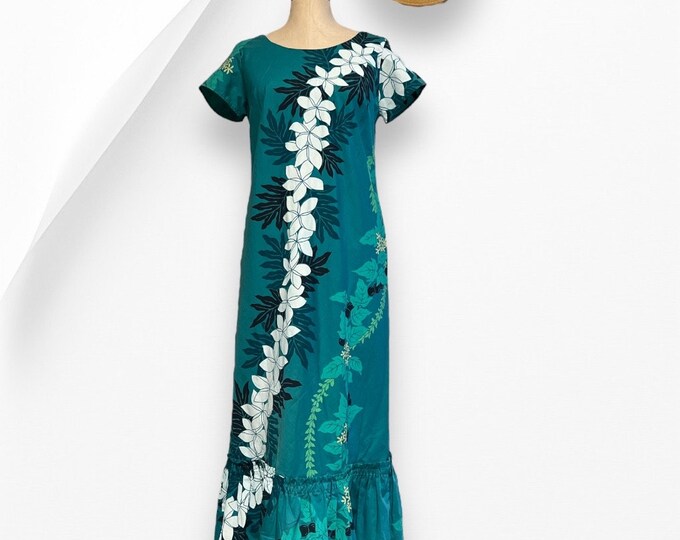 Hawaiian Muumuu Dress Plumeria Kukui Nut Tiare Floral Lei Ferns Size ...