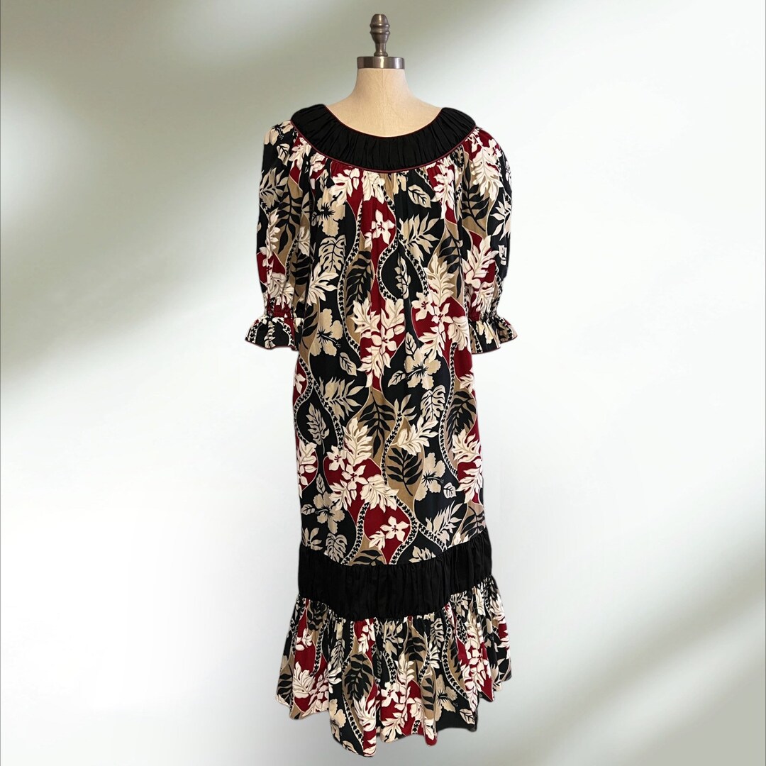 Hawaiian Muumuu Dress Tropical Print Maxi Cotton Hibiscus Monstera ...