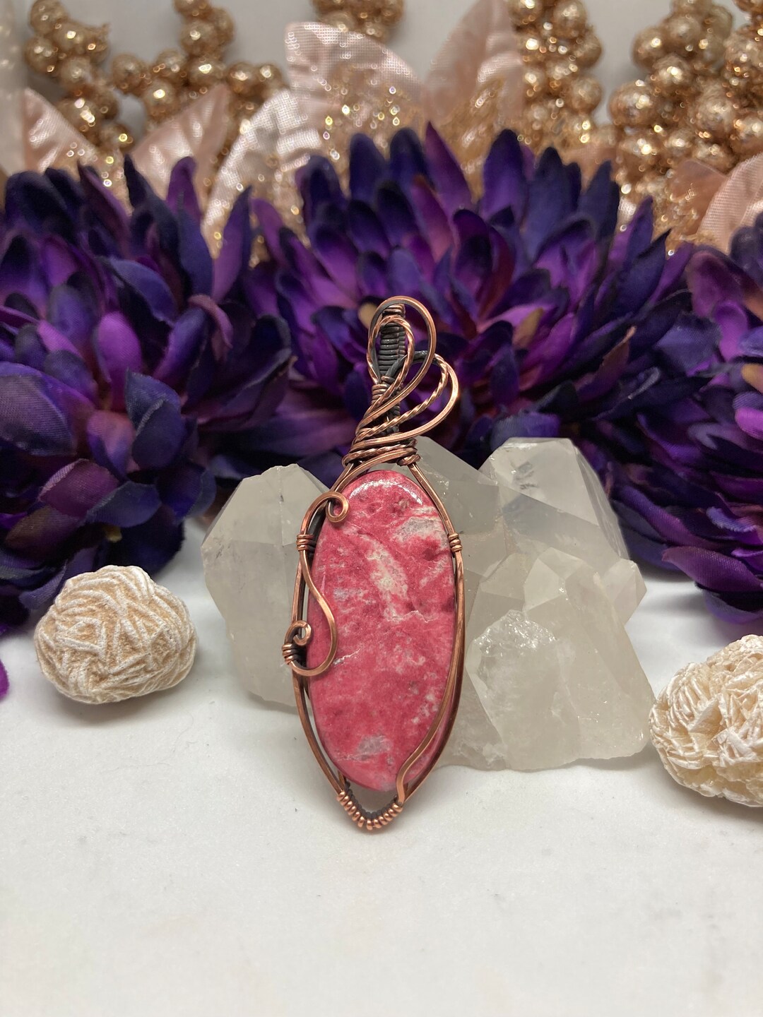 Big Pink Thulite Wire Wrapped in Antiqued Copper, Pink Stone Wire ...