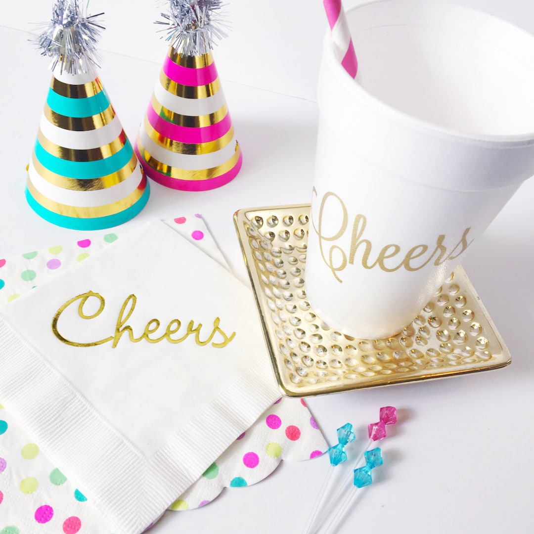 Cheers Napkins, Foil Stamped Napkins, Gold Napkins, Colorful Cocktail ...