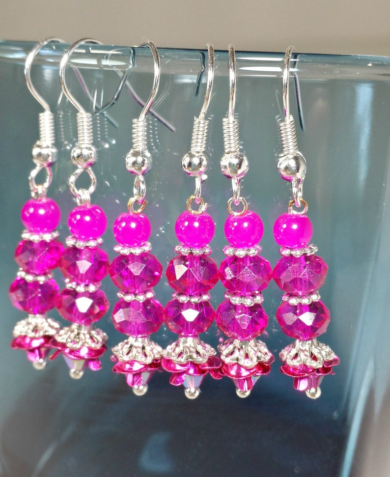 Pink Rose Dangle Earrings Hot Pink Crystals With Pink Etsy