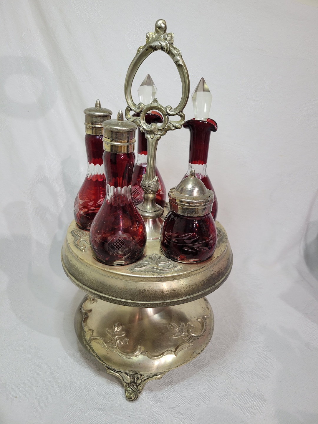 Vintage Ruby Red Etched Glass Cruet Set, Silver Base, 7 Piece - Etsy