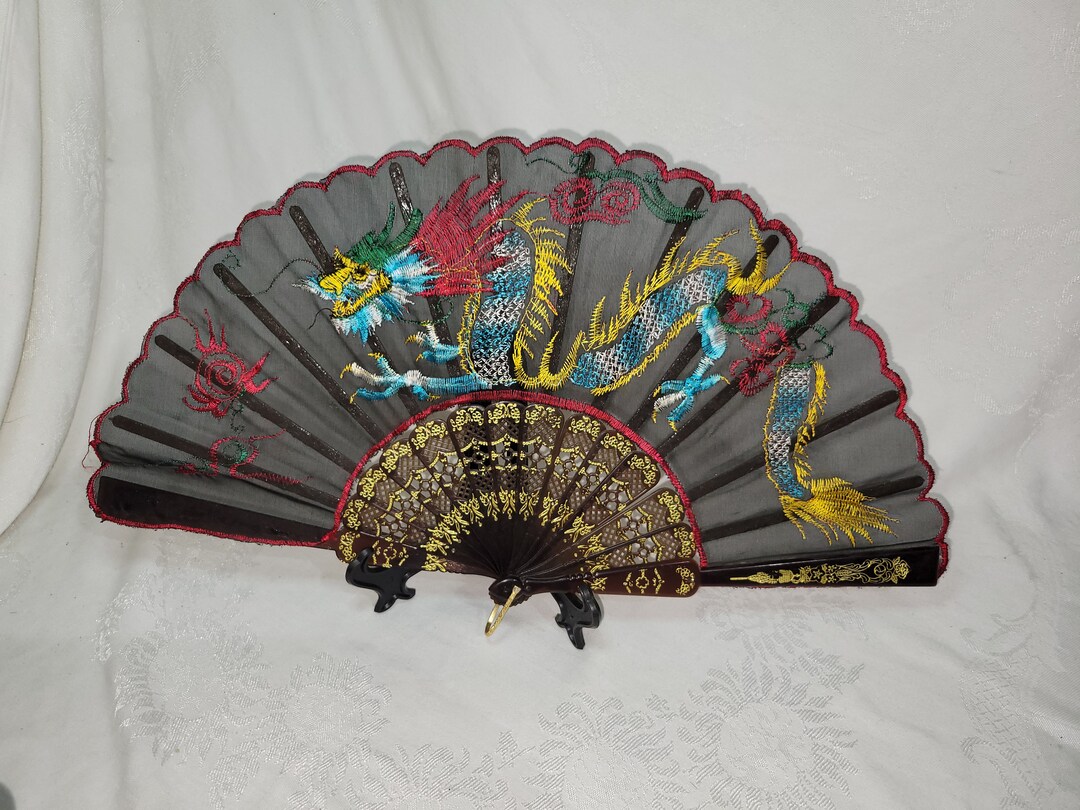 Vintage Fabric Fold Out Fan With a Dragon Picture - Etsy