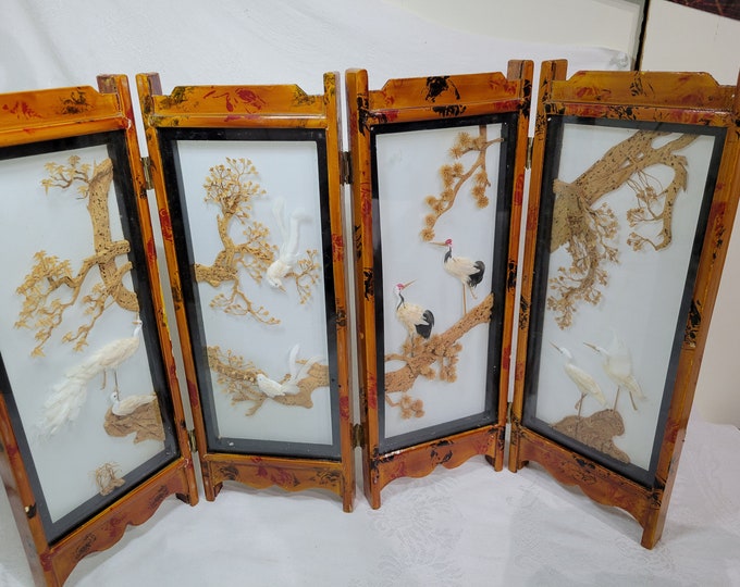 Vintage 4 Panel Wooden Asian Table Screen With Cork Art - Etsy
