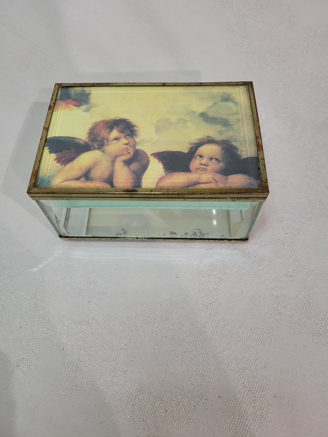 Vintage Clear Glass Soldered Box With Raphael's Cherubs Picture on the ...