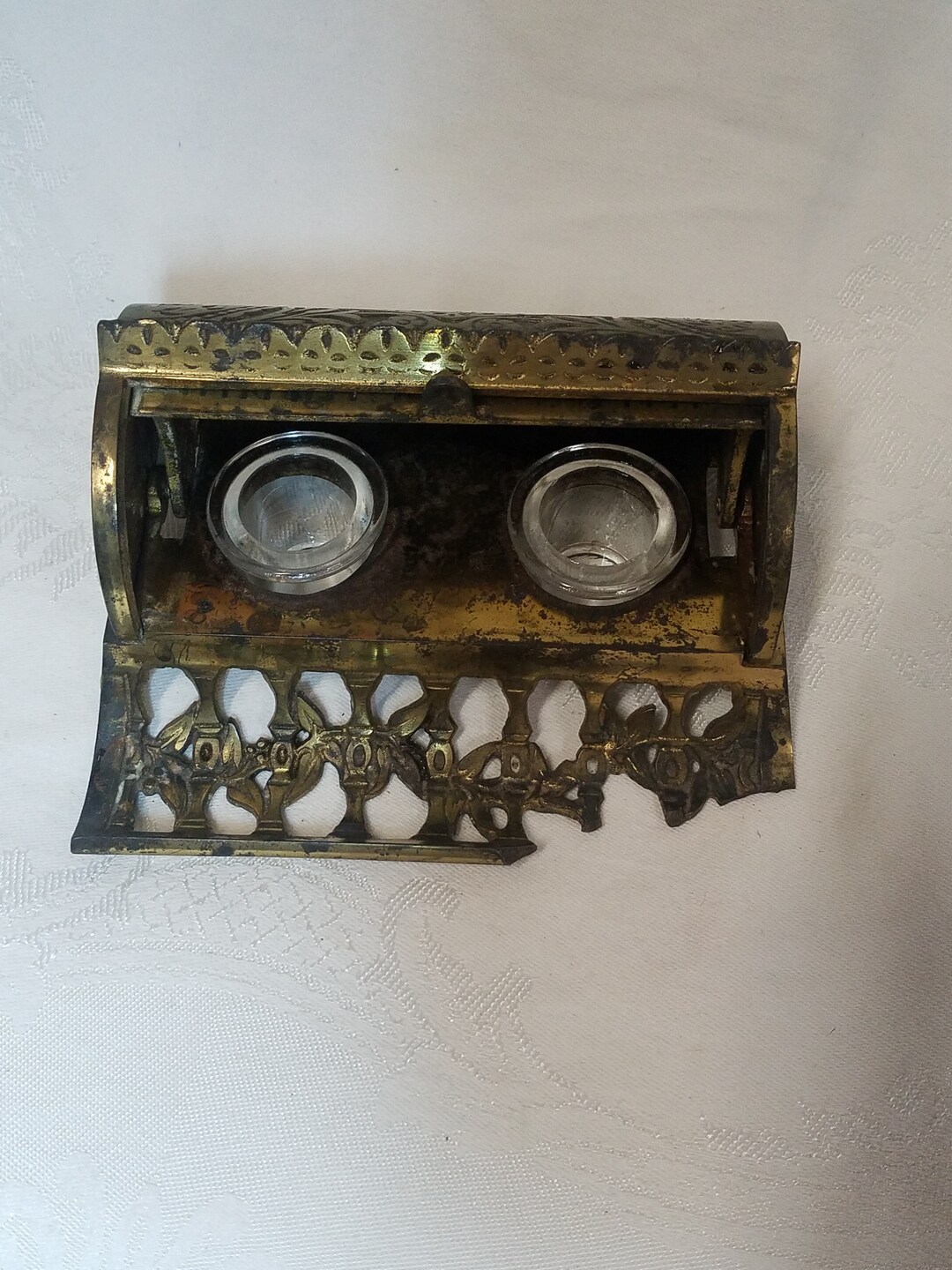 Vintage Cast Iron Double Inkwell With Roll Top Lid - Etsy