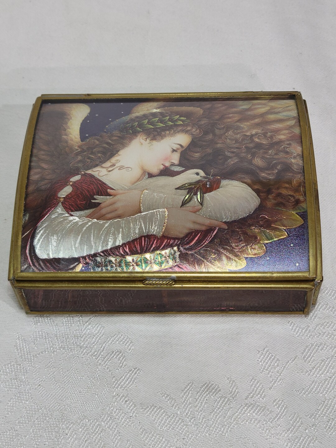 Vintage Rose Glass Soldered Box With the Angel and the Dove Picture on ...