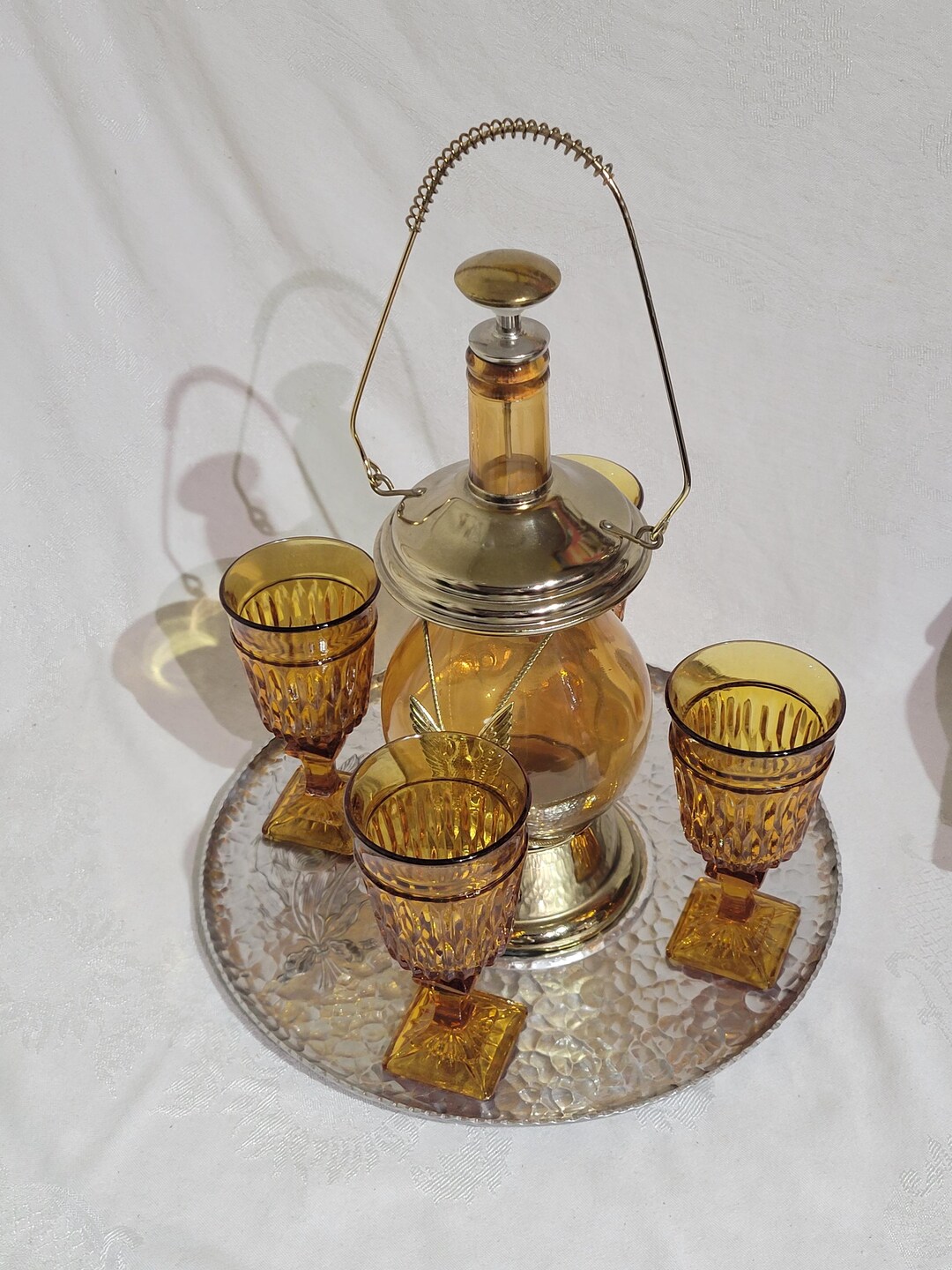 Vintage Indiana Glass Amber Decanter Set, Musical Liquor Dispenser, 4 ...