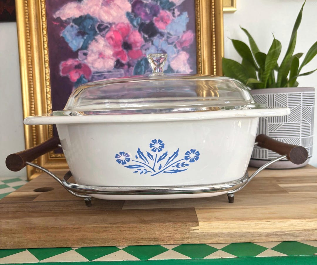 Vintage Corningware Cornflower Blue Dutch Oven With Wood Handle Rack L ...
