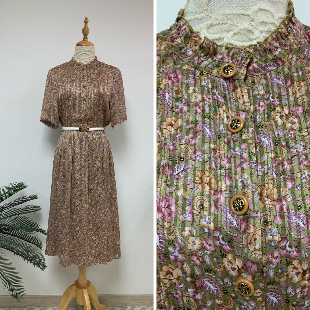 1970s Japanese Vintage Floral Pattern Day Dress / Ruffle - Etsy