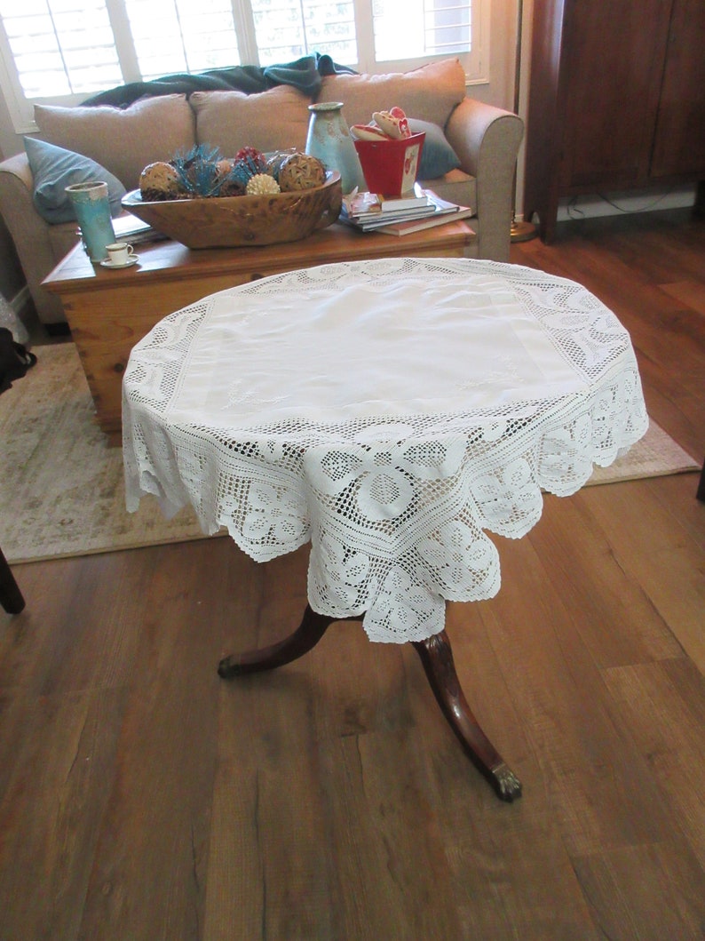 Antique- Linen- Tablecloth- Crochet- Lace- Embroidered- Victorian ...