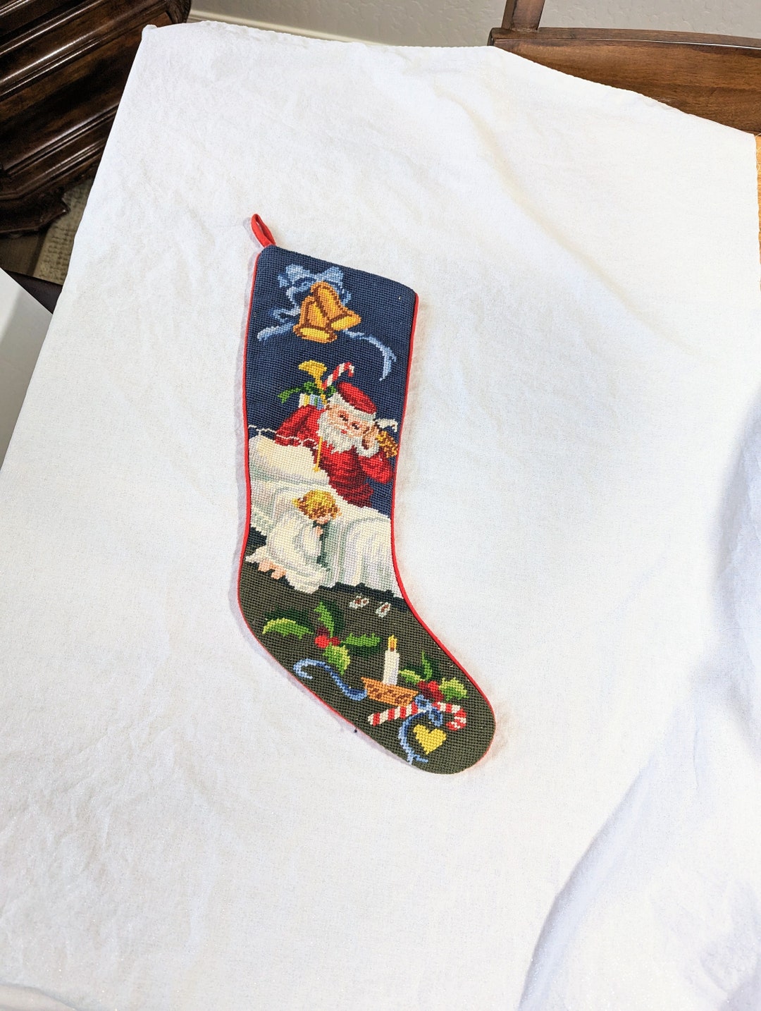Christmas -stocking- Needle Point Holiday- Vintage- Retro- 1990- Santa ...