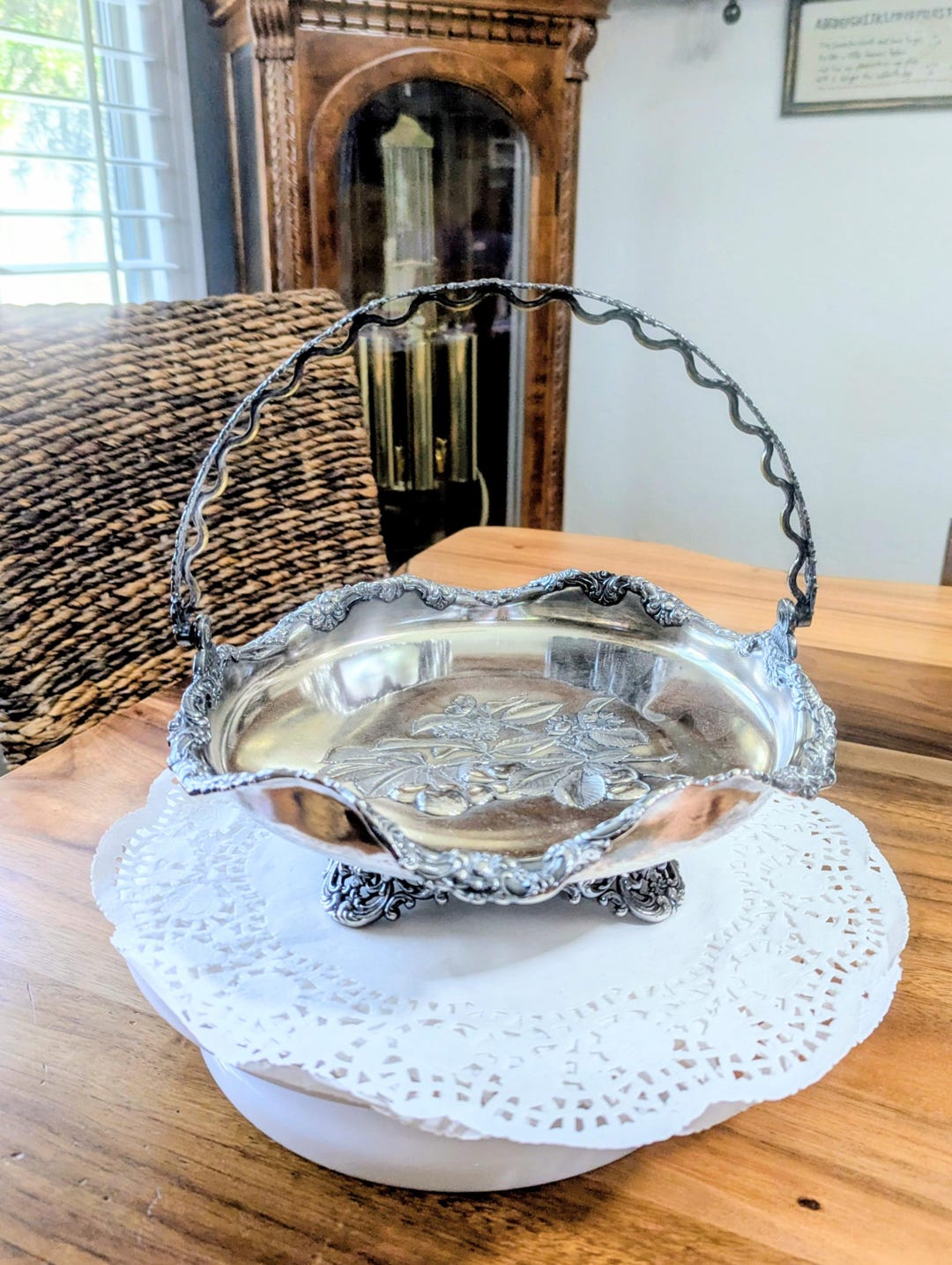 Stunning- Antique- Silver- Plate- Brides- Basket- Cherries- Fruit ...