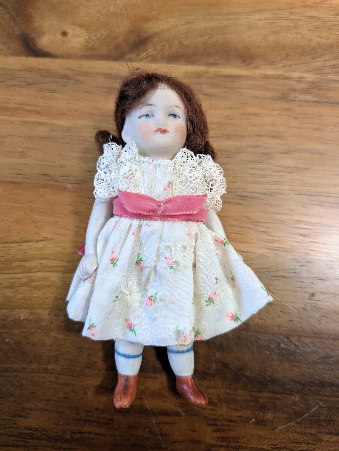 Antique- Doll- Miniature- Mohair- Bisque- Hand Painted- Jointed- Wire ...