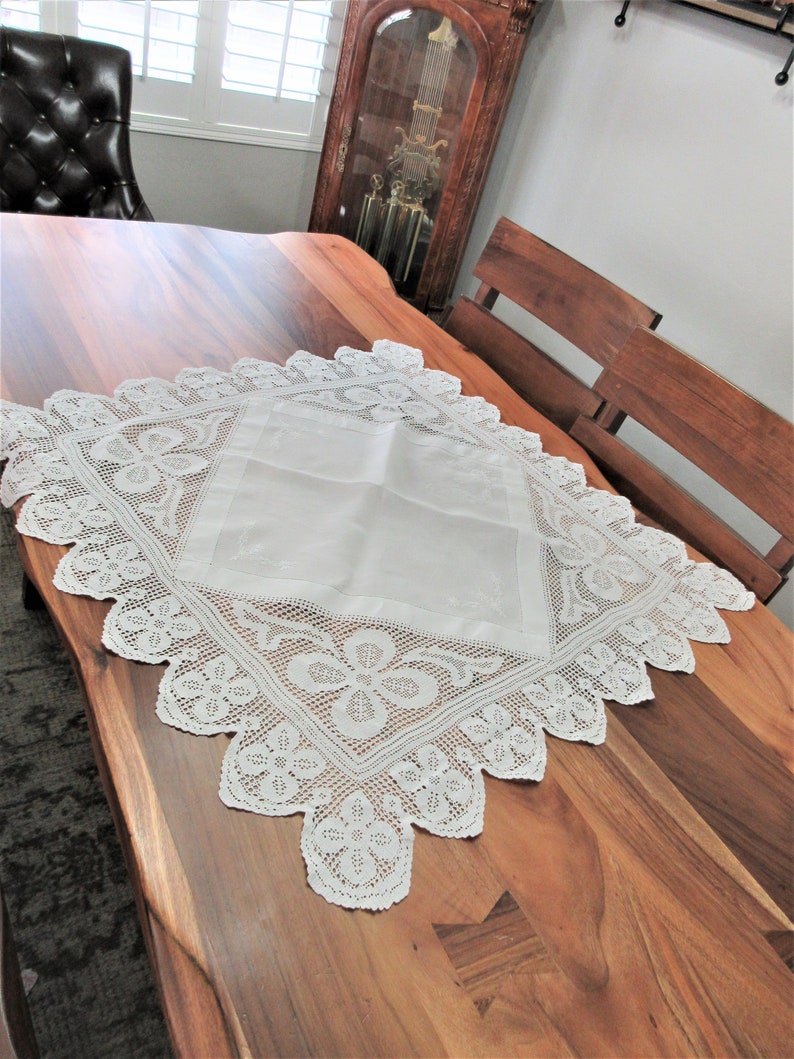 Antique- Linen- Tablecloth- Crochet- Lace- Embroidered- Victorian ...
