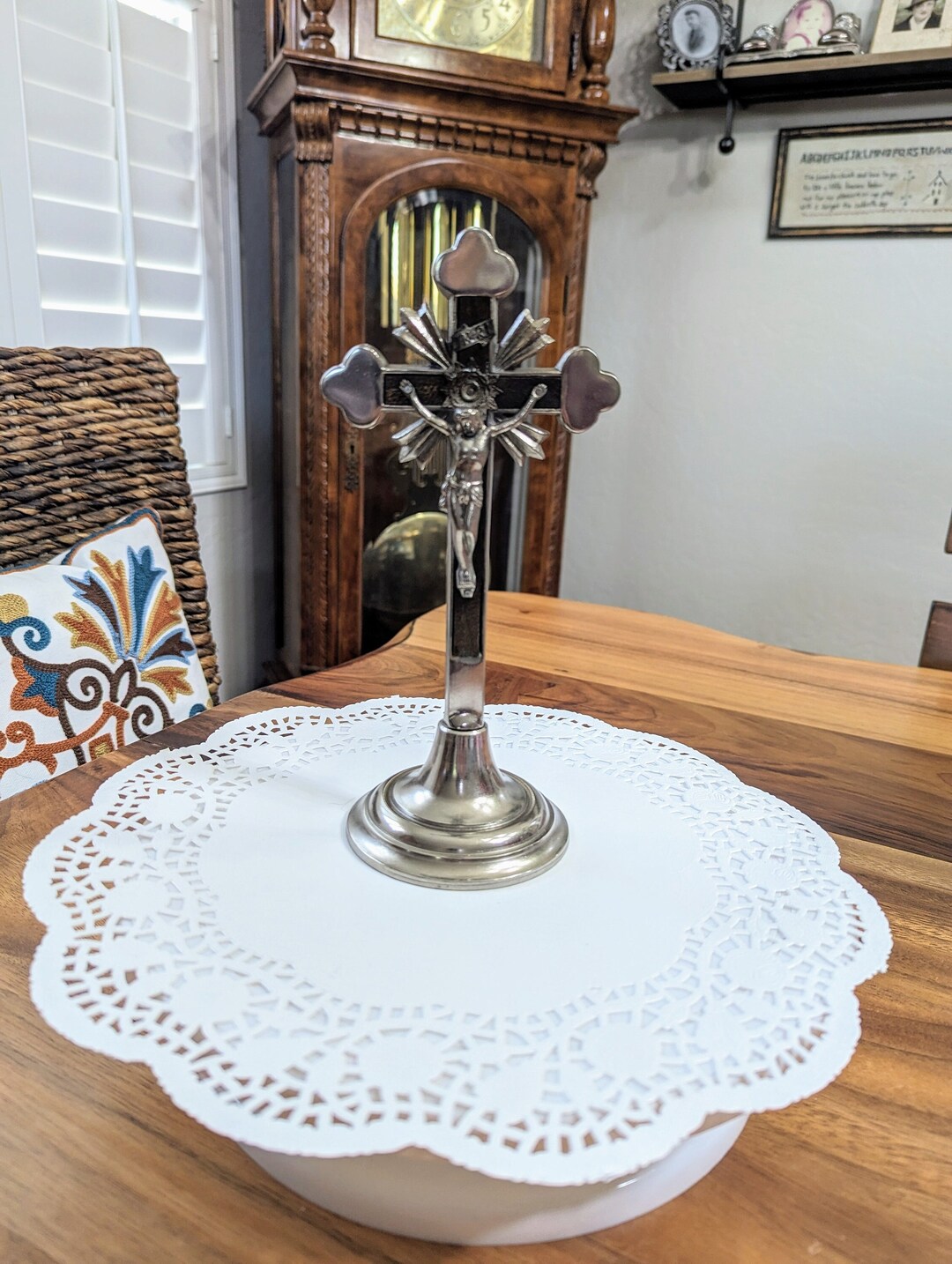 Antique- Altar- Crucifix- Christian- Jesus Christ- 1930- Metal- Wood ...