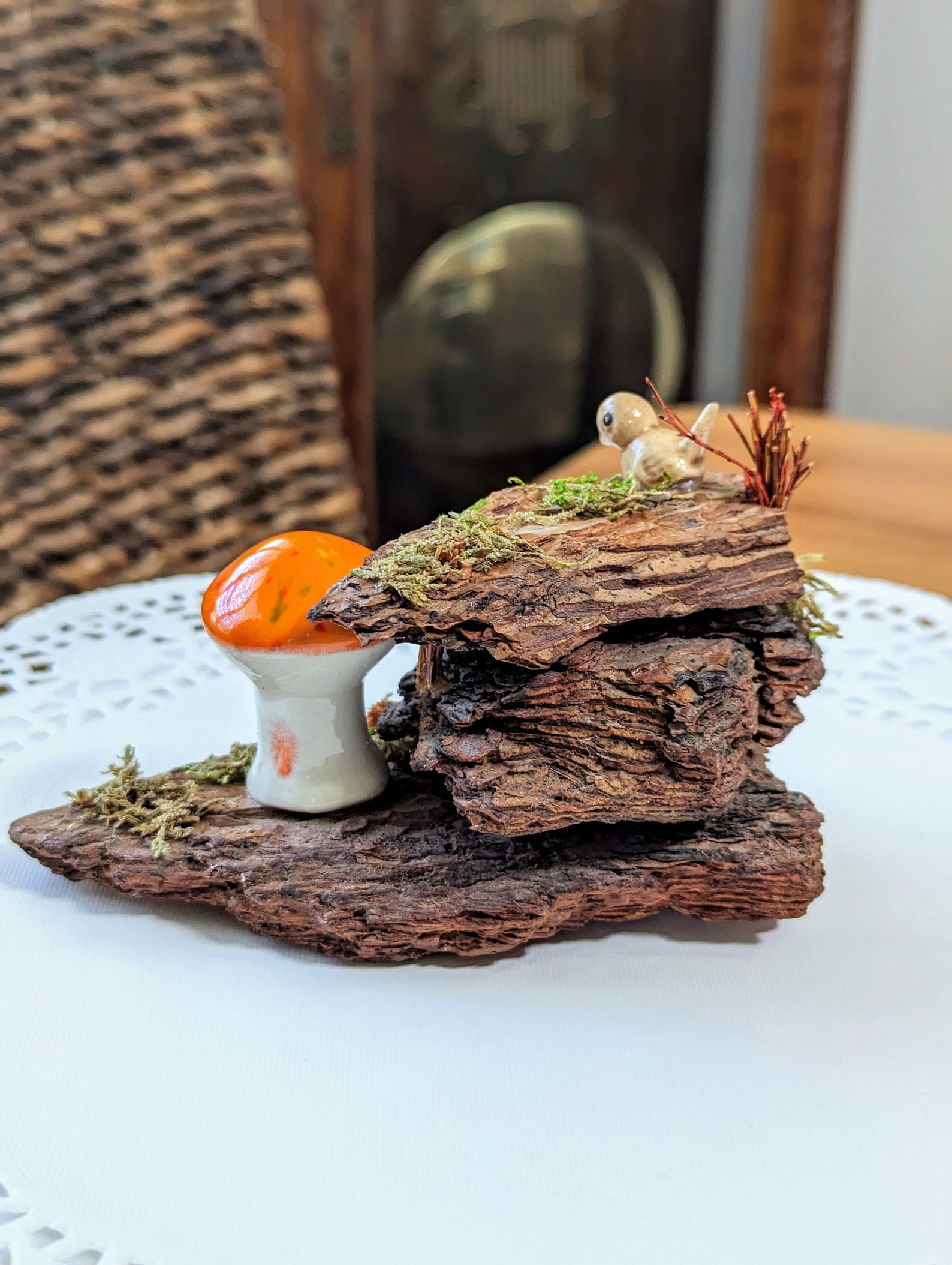 Vintage- Mushroom- Bird- Porcelain- Handmade- Figurine- OOAK- One of a ...