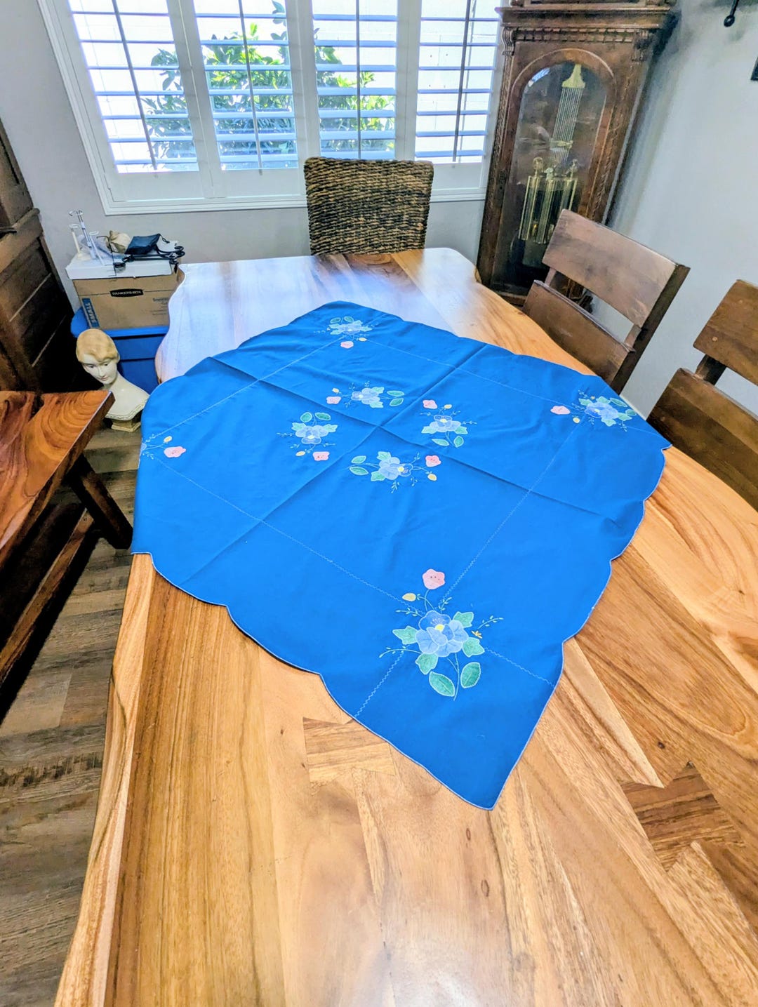 Vintage- Tablecloth- Applique- Flowers- Blue- Cotton- Pink- Handmade ...
