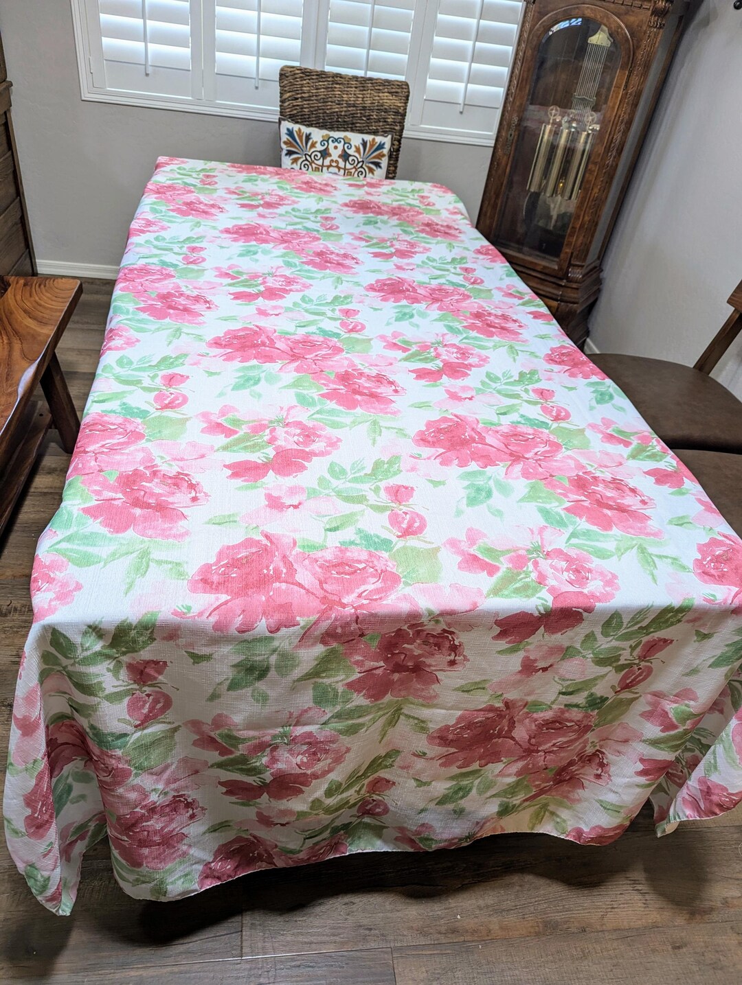 Vintage- Tablecloth- Rose- Pink- Cotton- Polyester- 1980- Rectangle ...