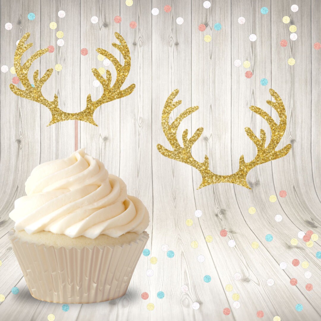 Antler Cupcake Topper, Cake Charm, Christmas Cake Topper, Glitter Cake ...