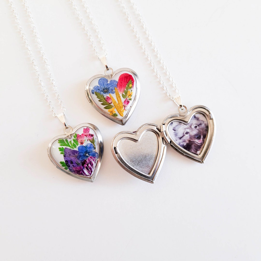 Heart Locket Necklace With Real Flowers, Photo Locket Necklace, Forget ...