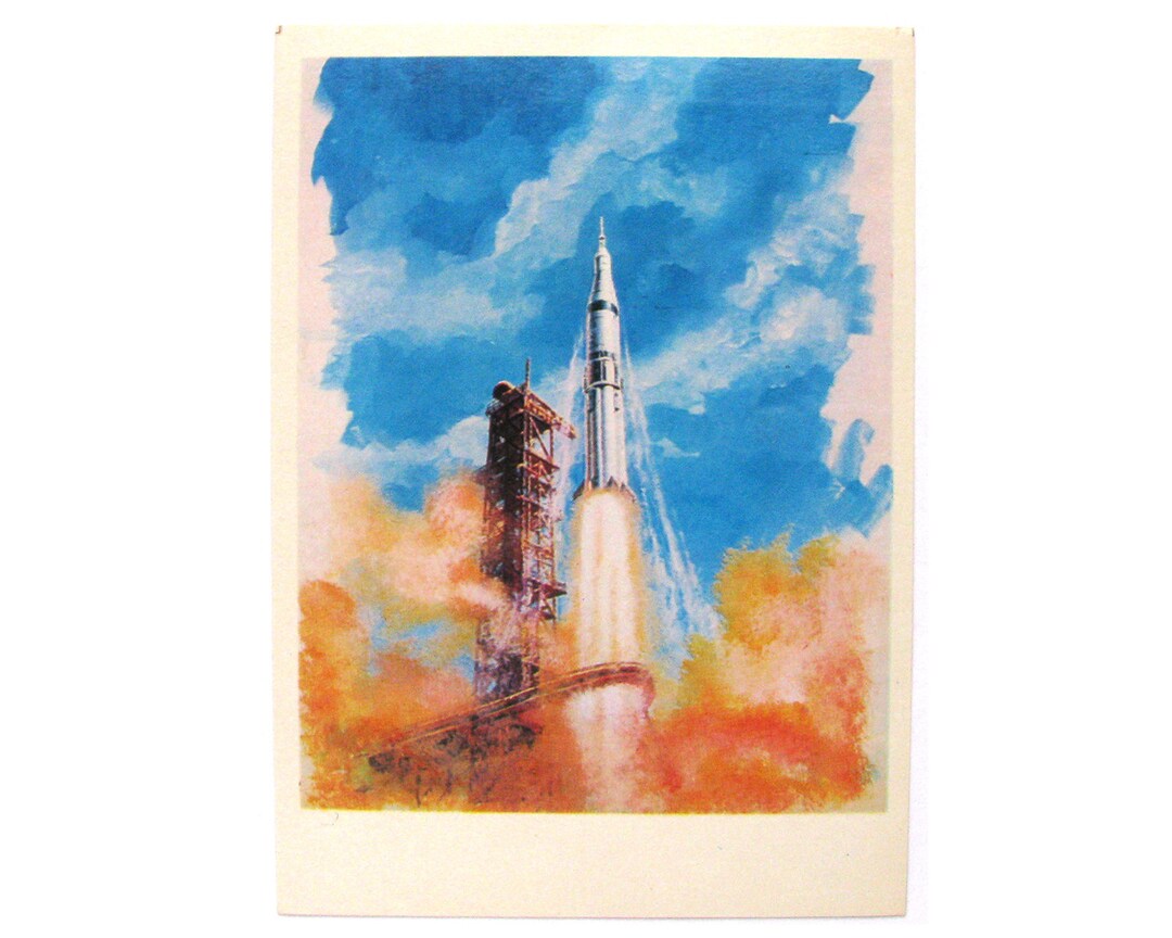 Space, Postcard With Painting by Leonov and Sokolov, Launch of Apollo ...