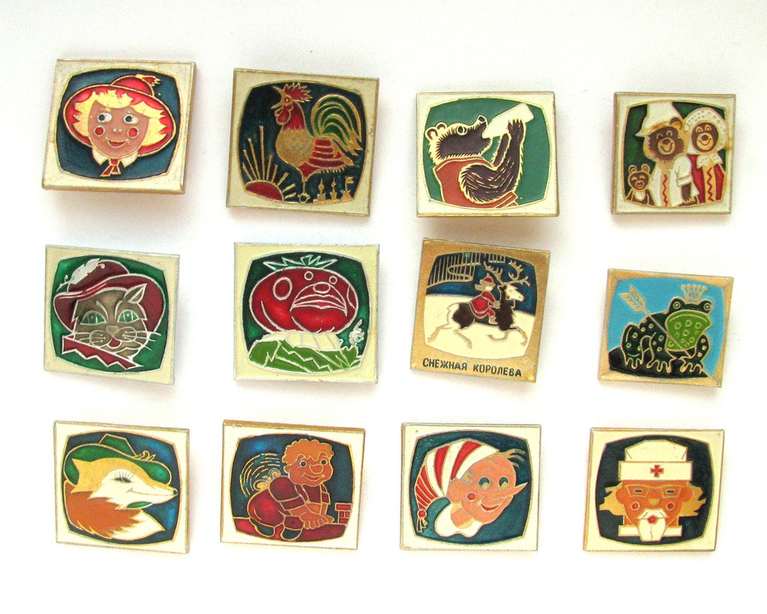 Soviet Cartoon Pins, Cartoon Characters in TV Set, Children Badges, Set ...