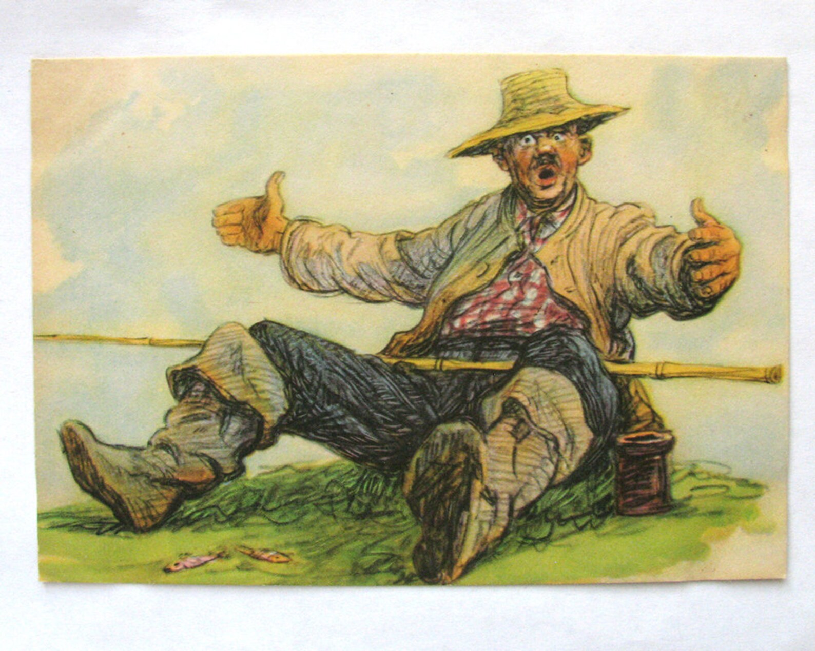 Vintage illustration Postcard Fishing Fisherman Rare | Etsy
