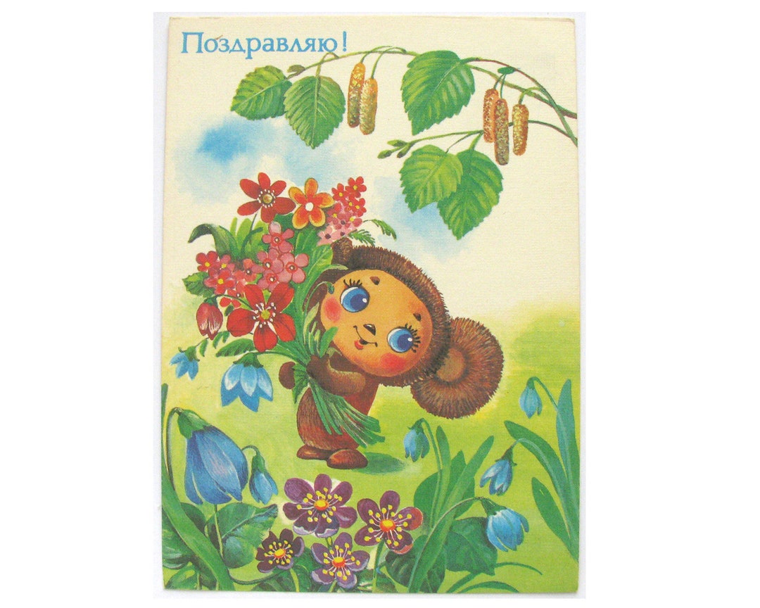 Cheburashka With Flowers, Congratulations Postcard, Unused Postcard ...