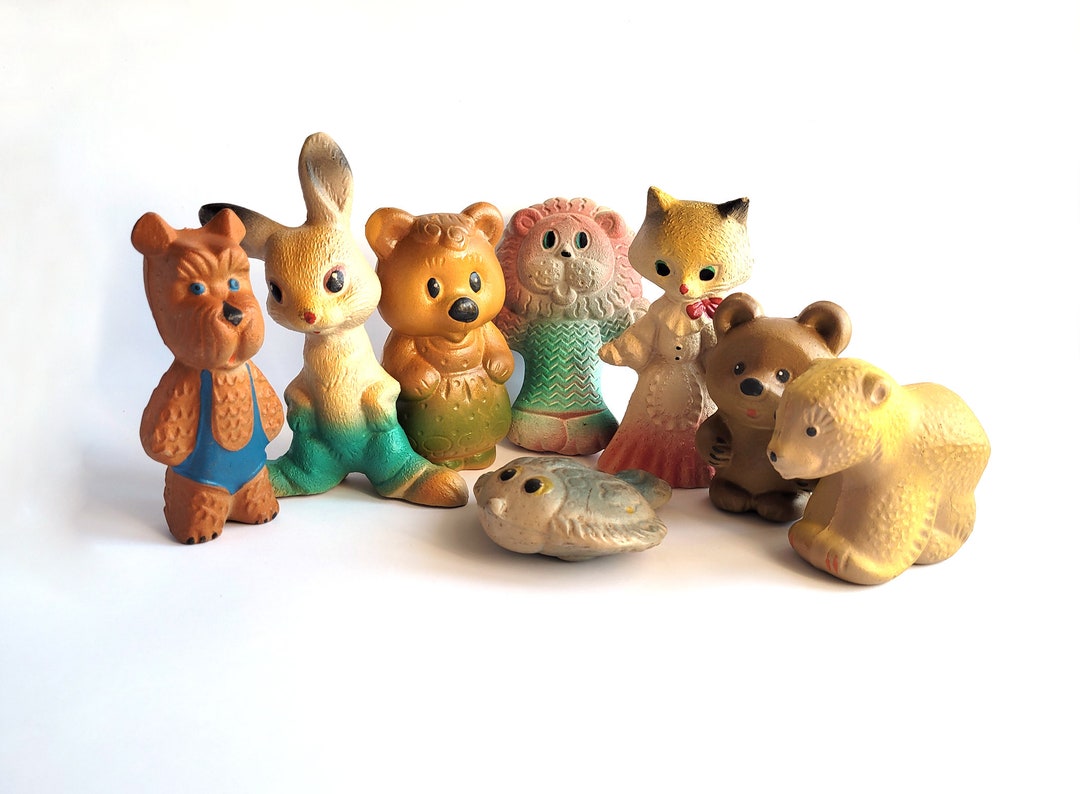 Animals, Rare Rubber Squeak Doll, Lion, Cat, Hare, Dog, Fish, Bear ...
