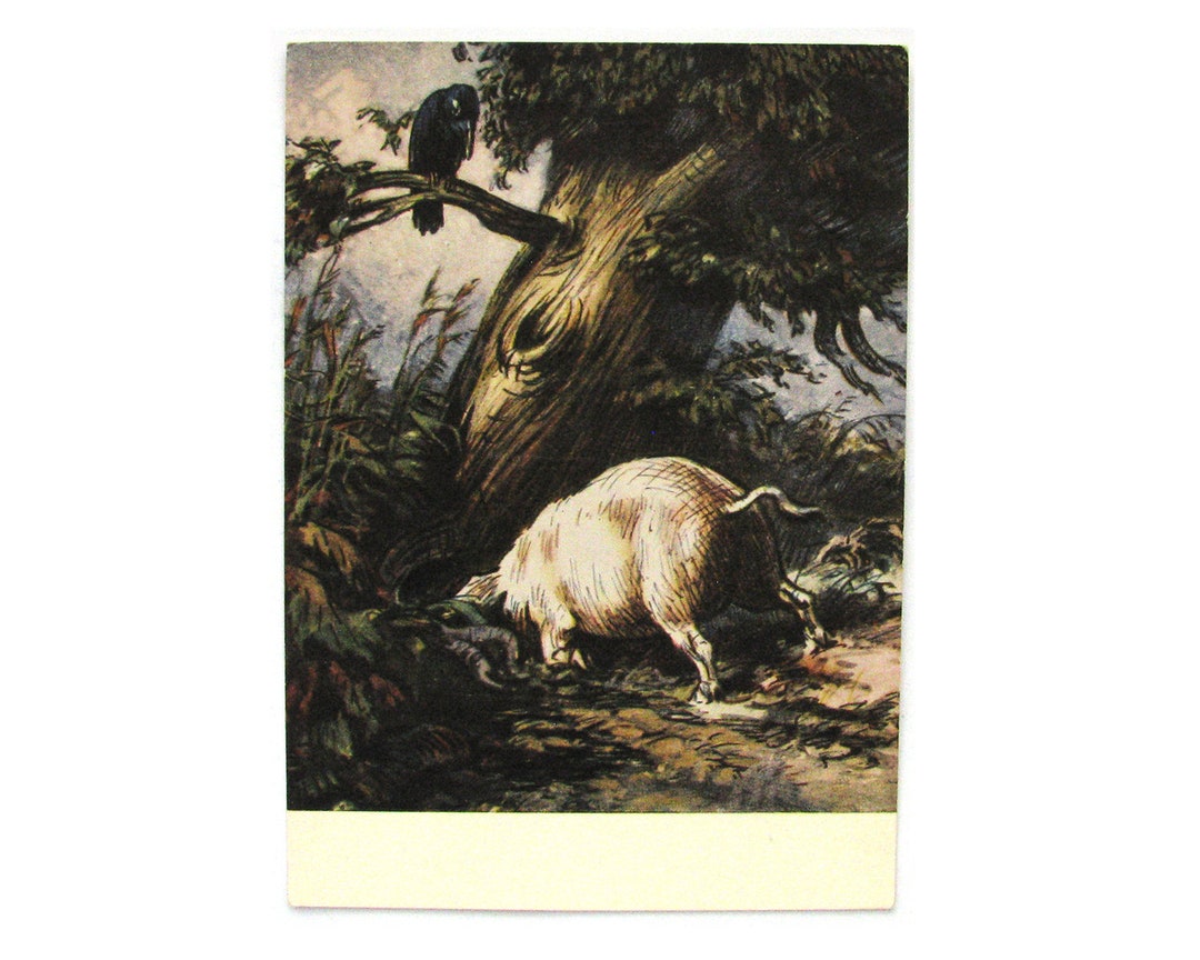 The Pig Under the Oak Tree, Postcard, Fable by Kryylov, Unused, Animal ...