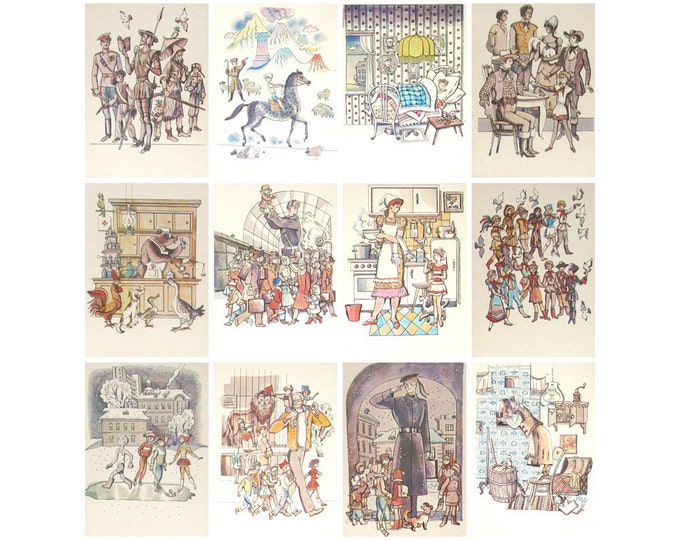 Vintage Illustrations, Set of 12 Postcards, Volsky, Michalkov, Poem ...