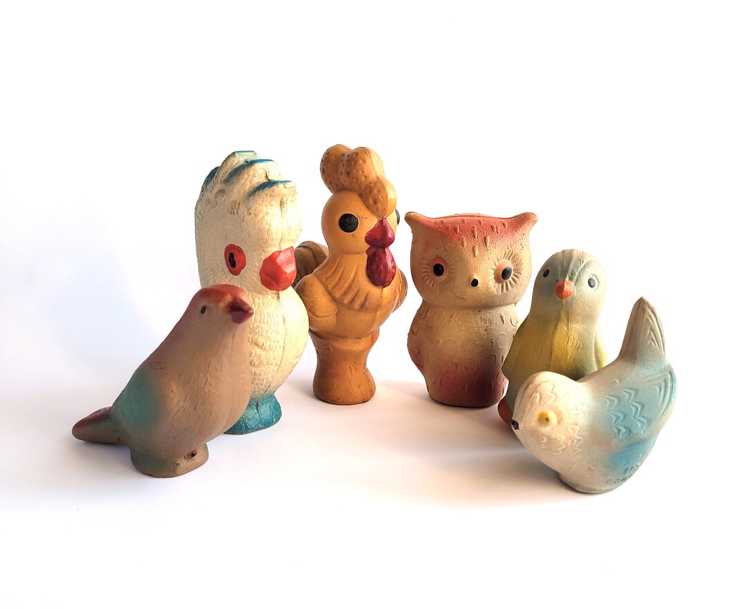 Birds, Rare Rubber Squeak Doll, Penguin, Parrot, Owl, Sparrow, Rooster ...