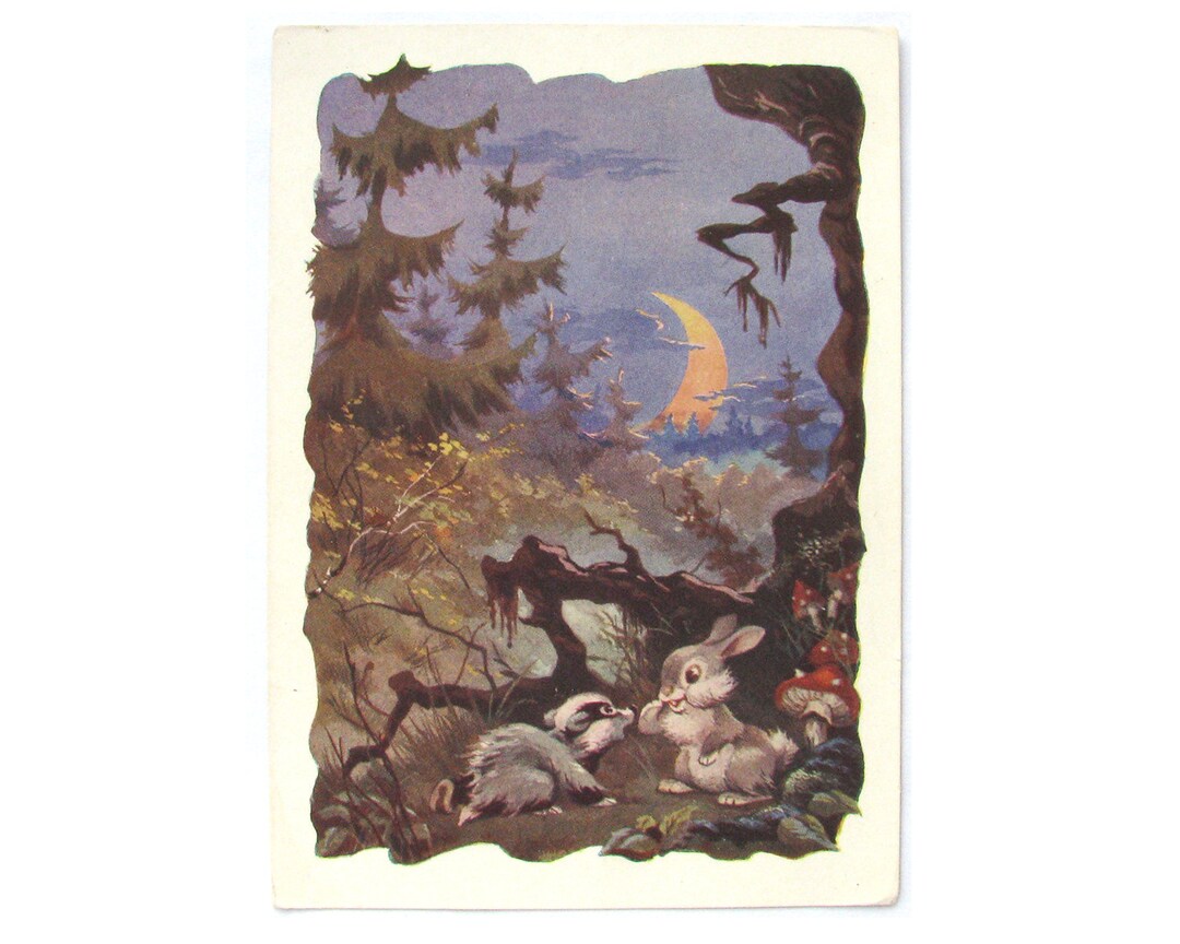 Soviet Vintage Postcard, in Forest, Unused Postcard, Hare, Raccoon ...