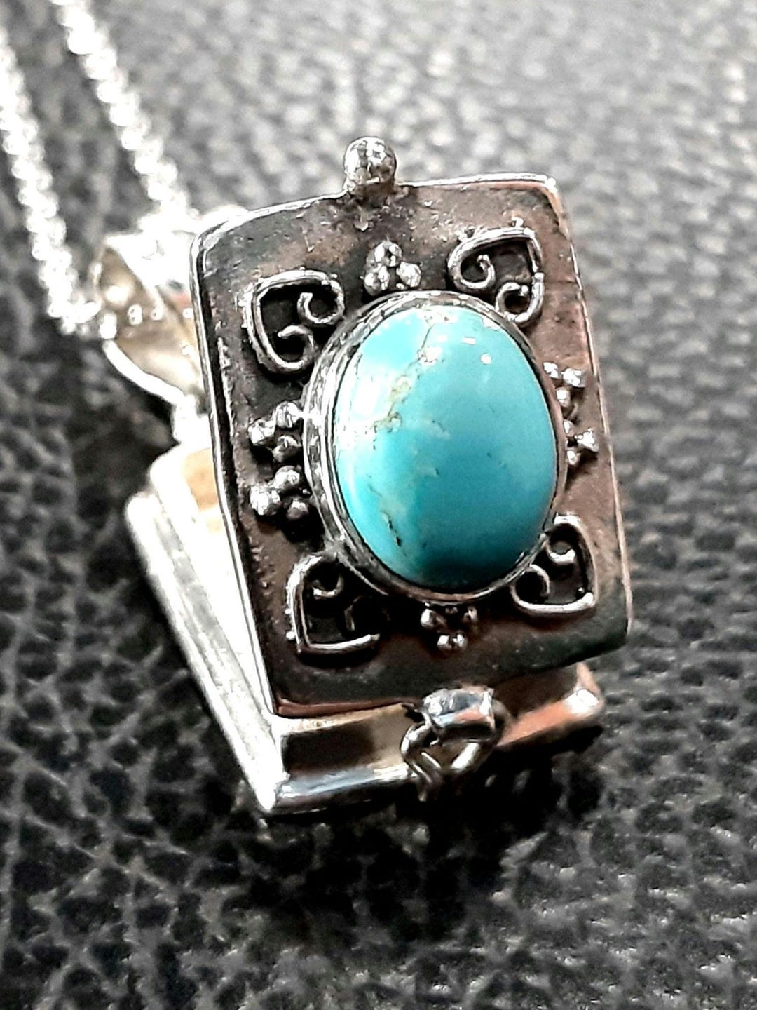 Turquoise Photo Locket Necklace Sterling Silver Keepsake 3D Charm Box ...