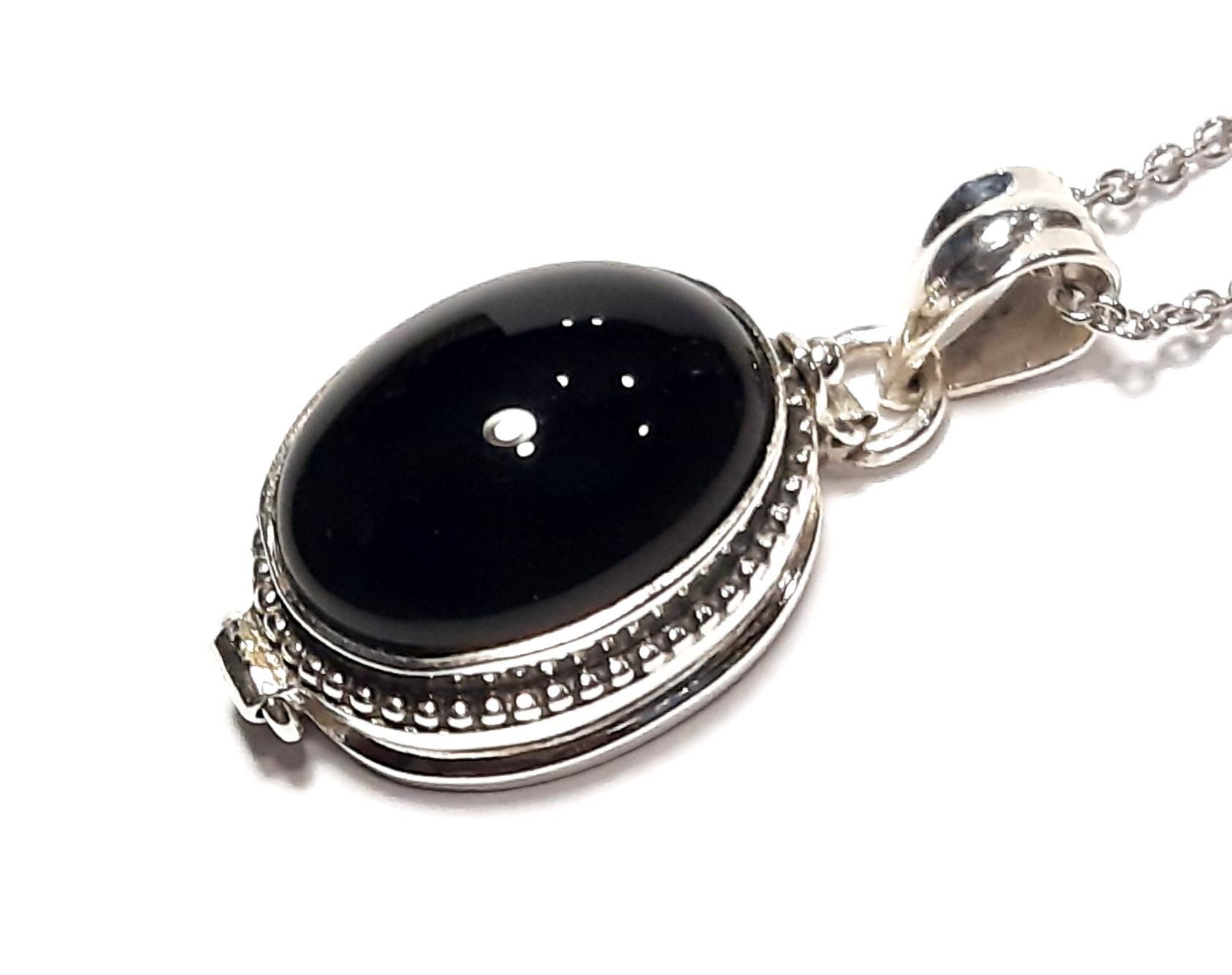 Black Onyx Photo Locket Necklace Sterling Silver Locket Keepsake Poison ...