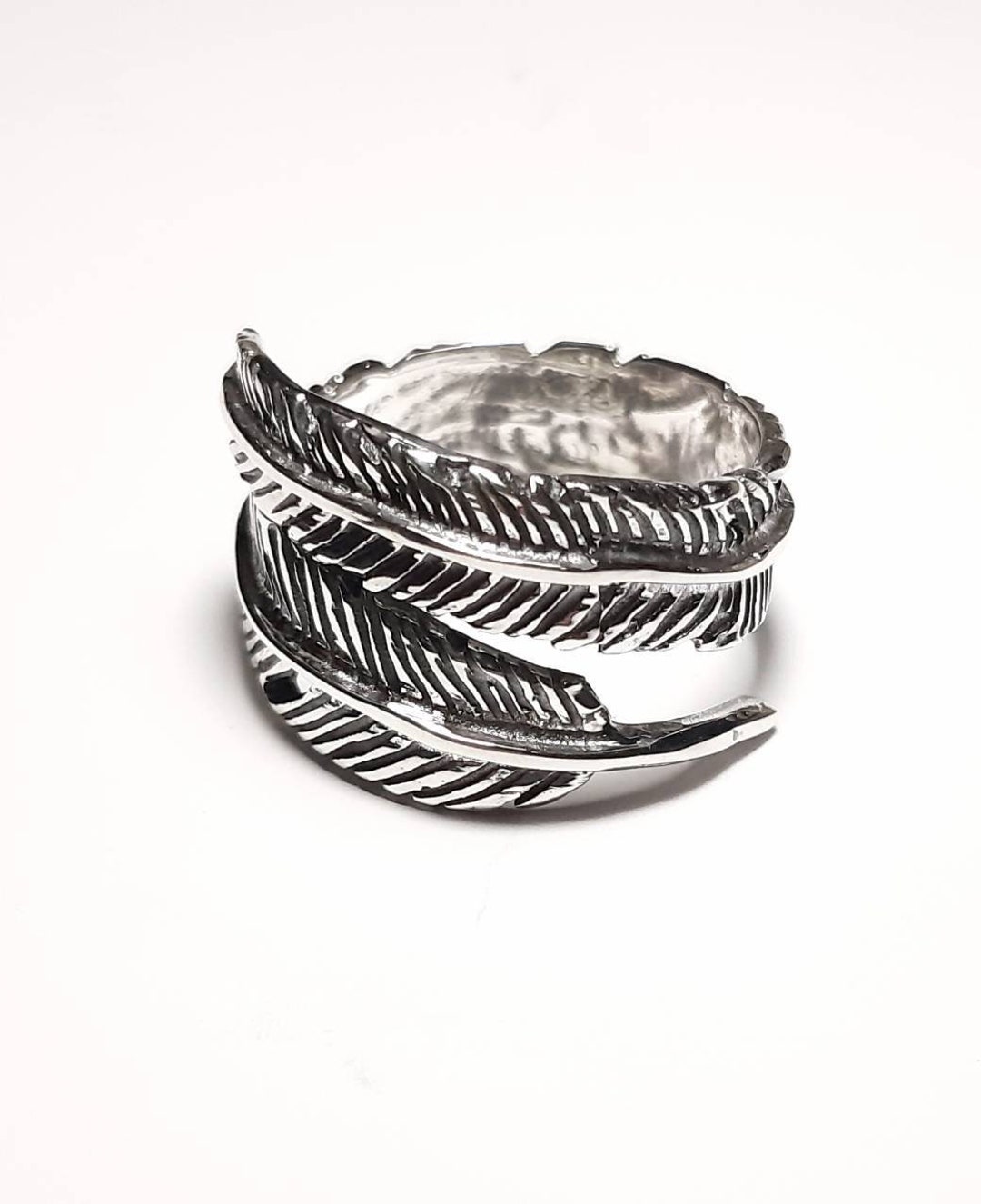 Feather Ring Sterling Silver Adjustable Feather Band Ring Unisex Men's ...
