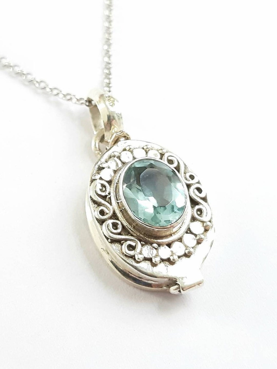 Blue Topaz Photo Locket Necklace 925 Sterling Silver Locket Poison Box ...