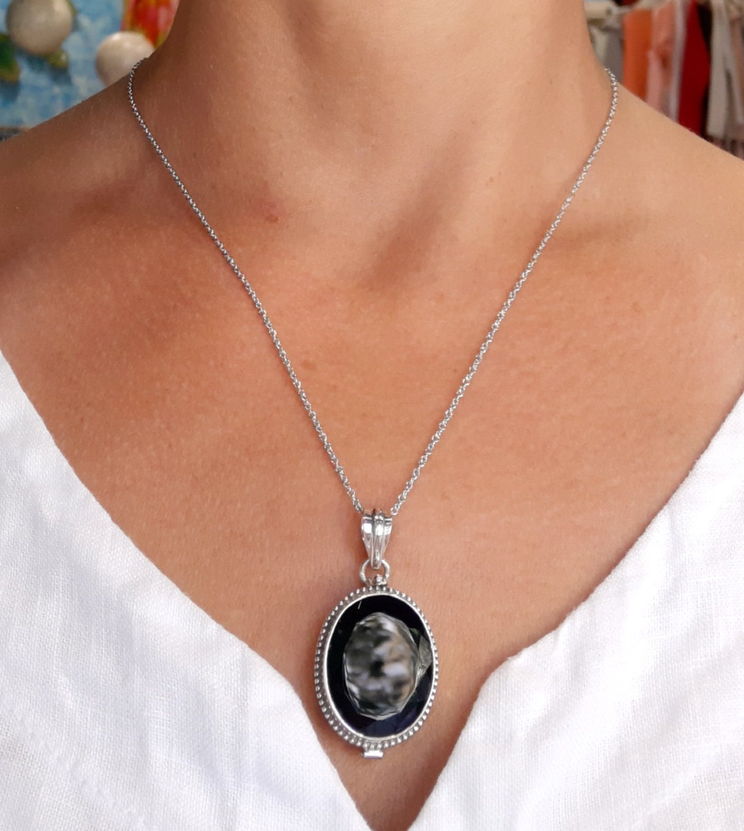 Black Onyx Photo Locket Necklace Sterling Silver Locket Keepsake Locket ...