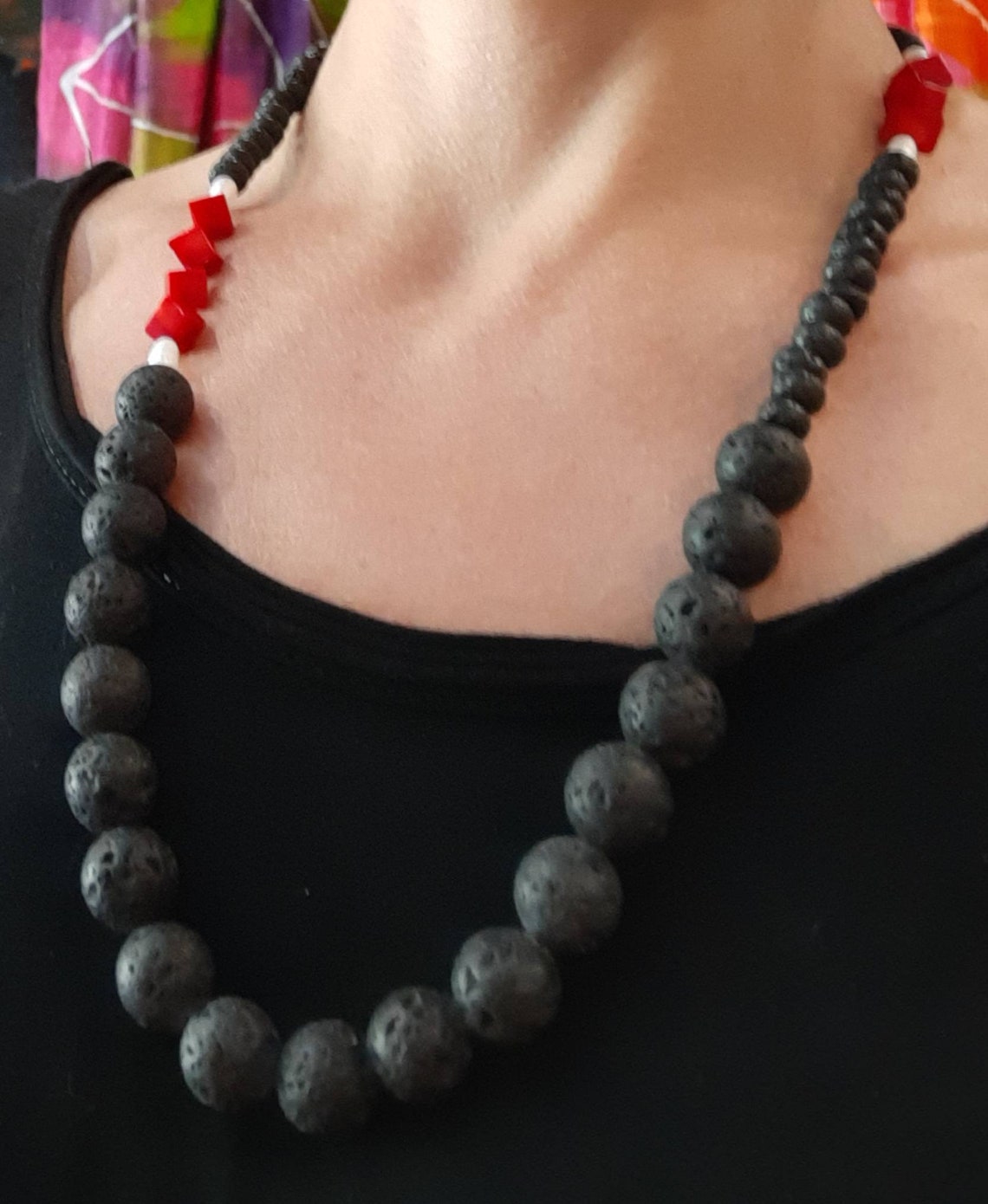 Long black lava necklace Asymmetrical Santorini lava jewels | Etsy