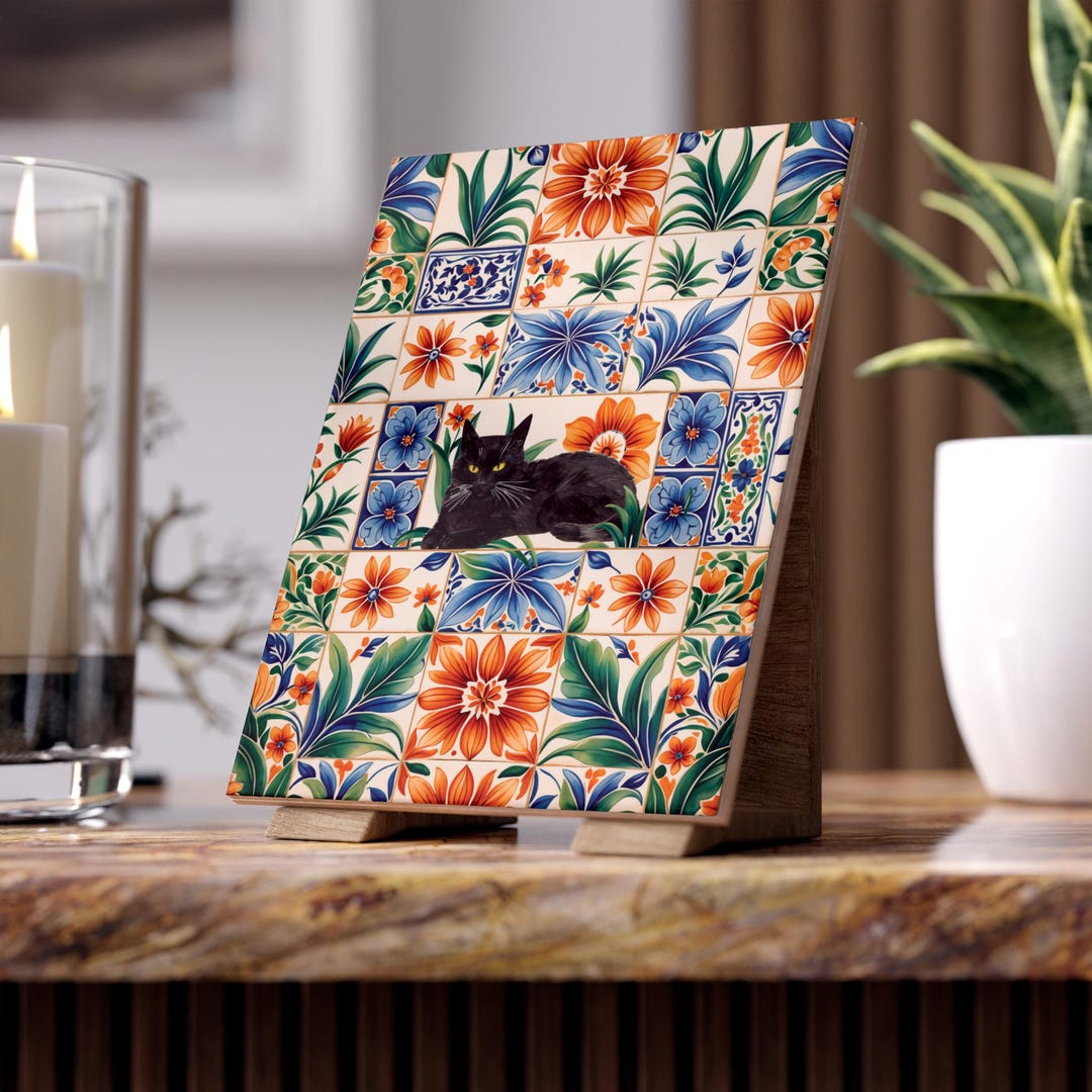 Black Cat Collage Ceramic Tile, Old Botanical Tiles, Decorative Cat ...