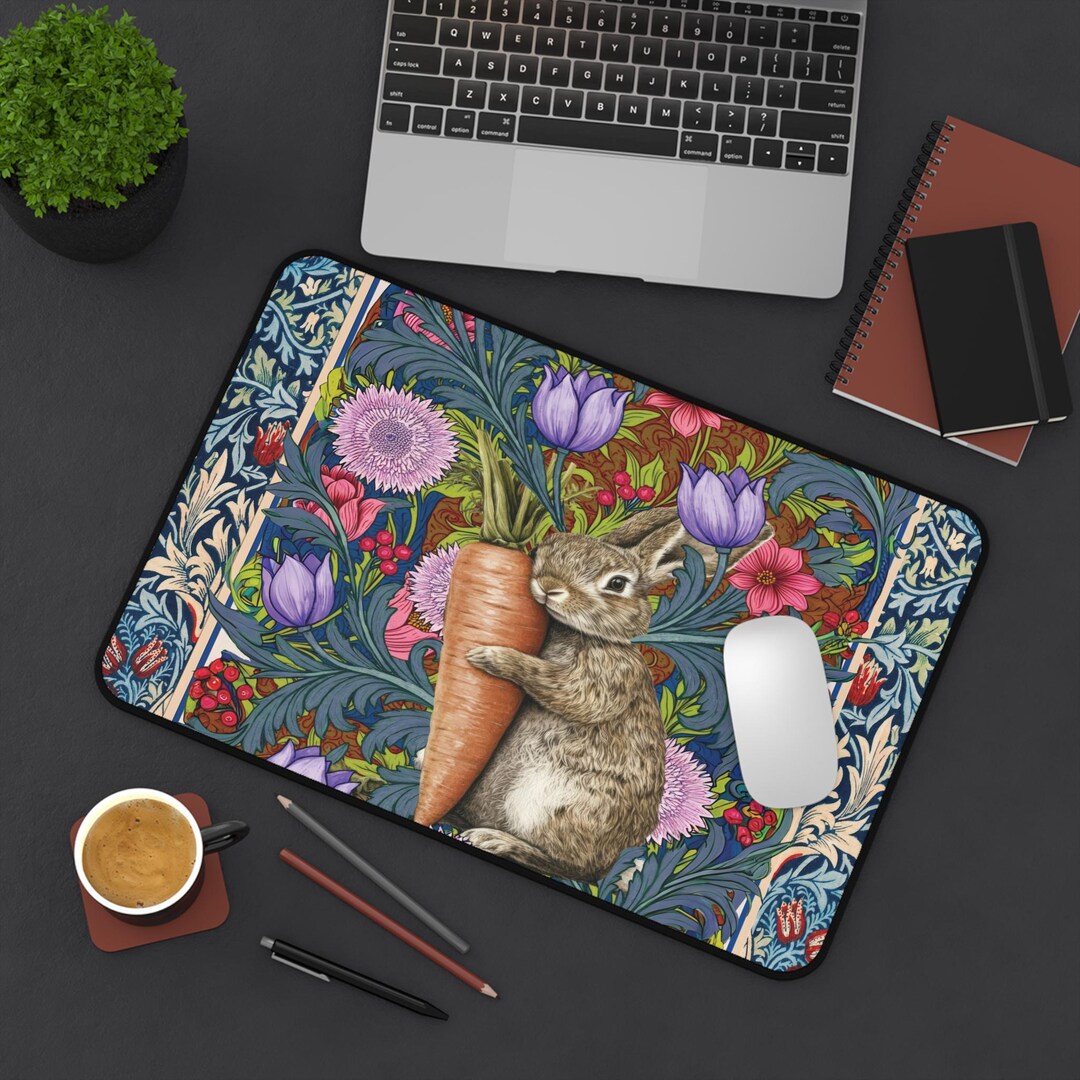 William Morris Style Floral Rabbit Desk Mat, Vintage Flower Desk Pad ...