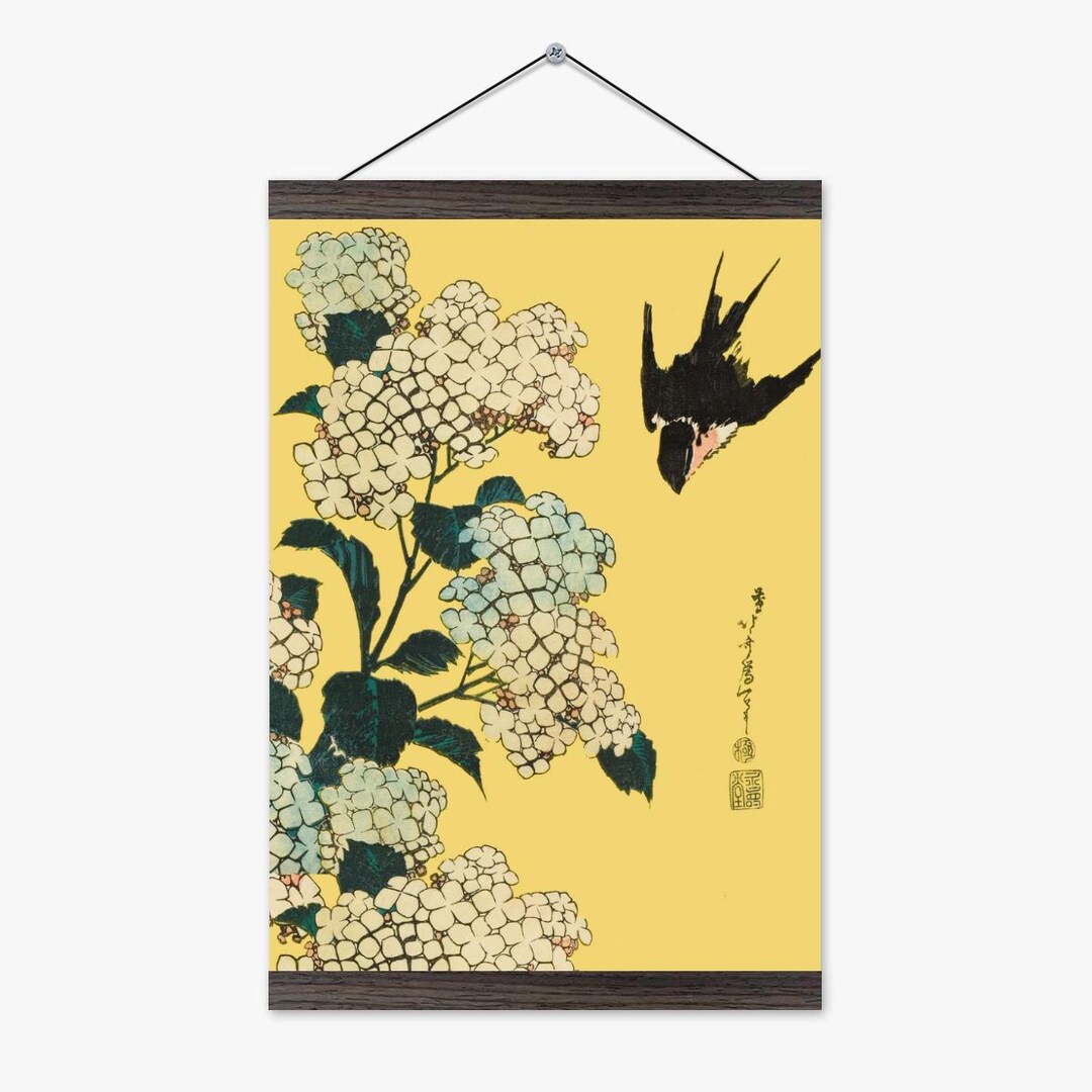 Japanese Swallow Bird Floral Wall Hanging, Hydrangea Wall Art, Birthday ...