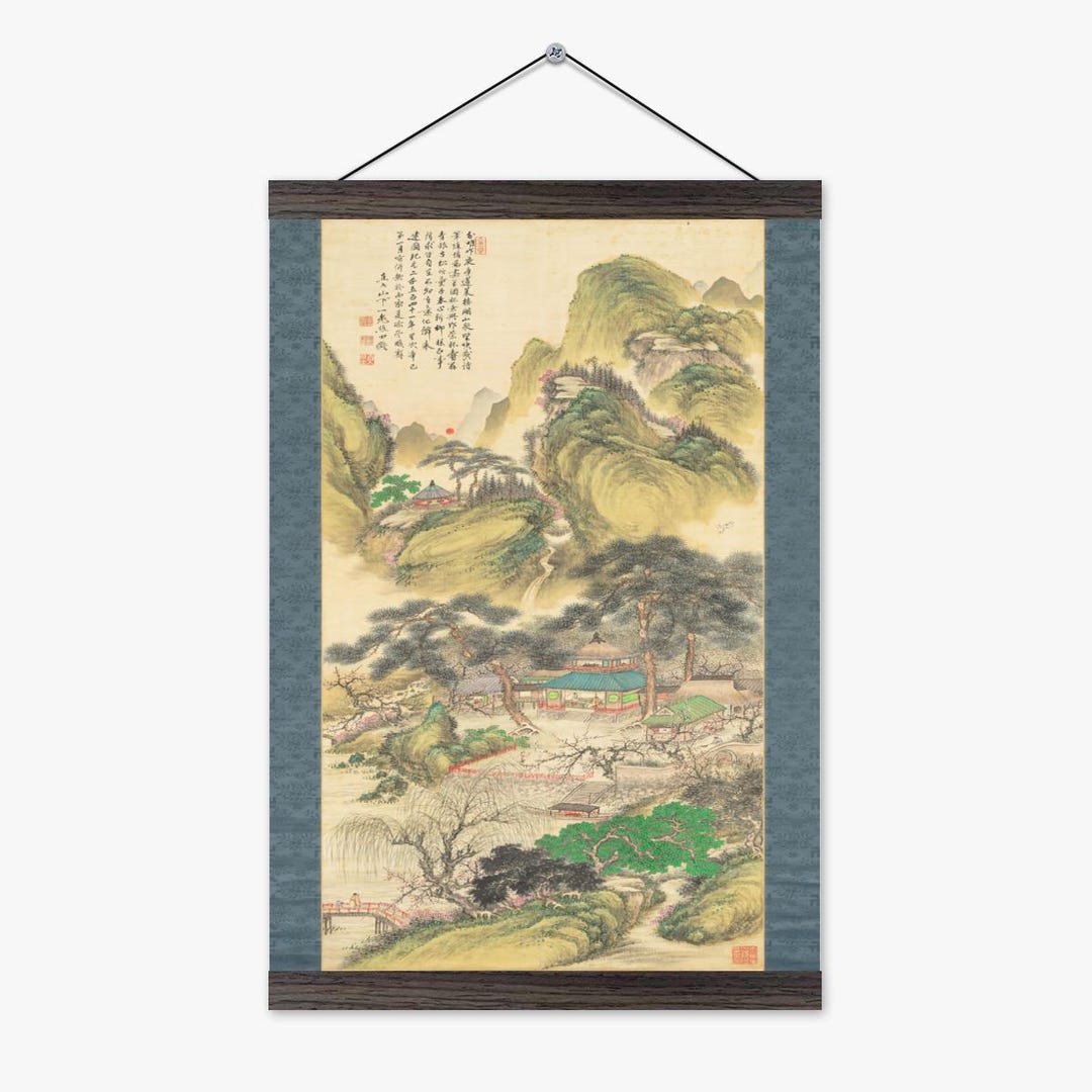 Vintage Chinese Scroll Wall Hanging Art, Mountain Scenery Pagoda Nature ...