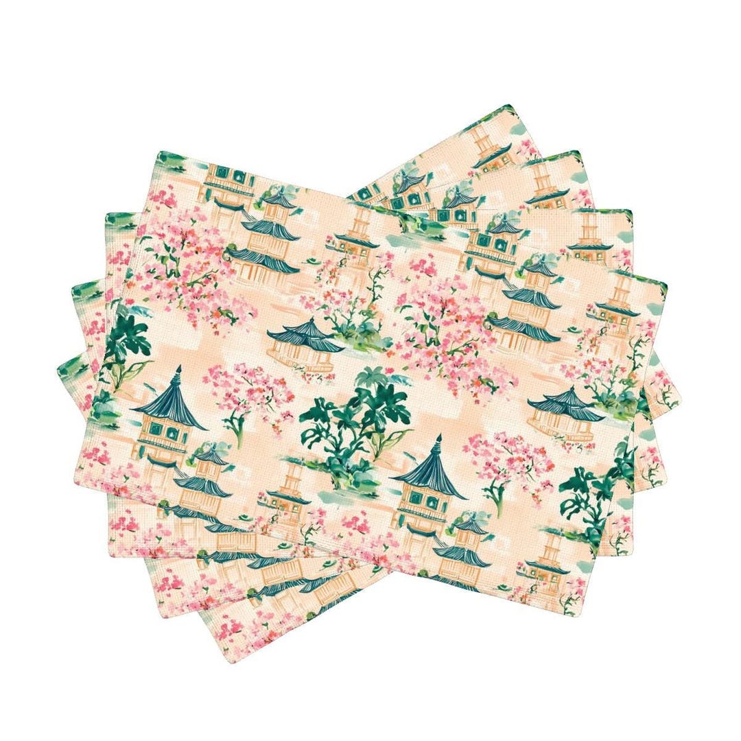 Chinoiserie Pagoda Double Layer Imitation Linen Placemats, Asian Accent ...